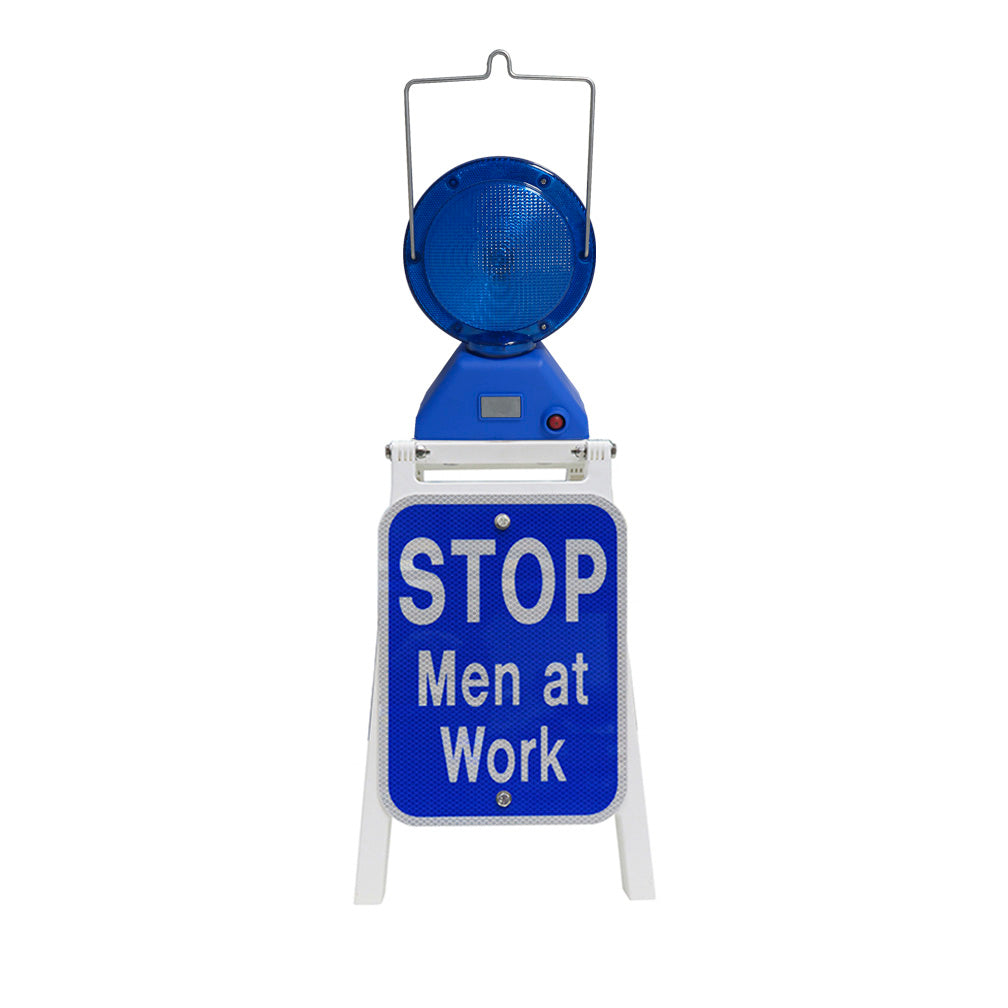 Portable Stand w/ M737-B-4D, 2 9x12 Blue Stop Men at Work signs, HIP r ...