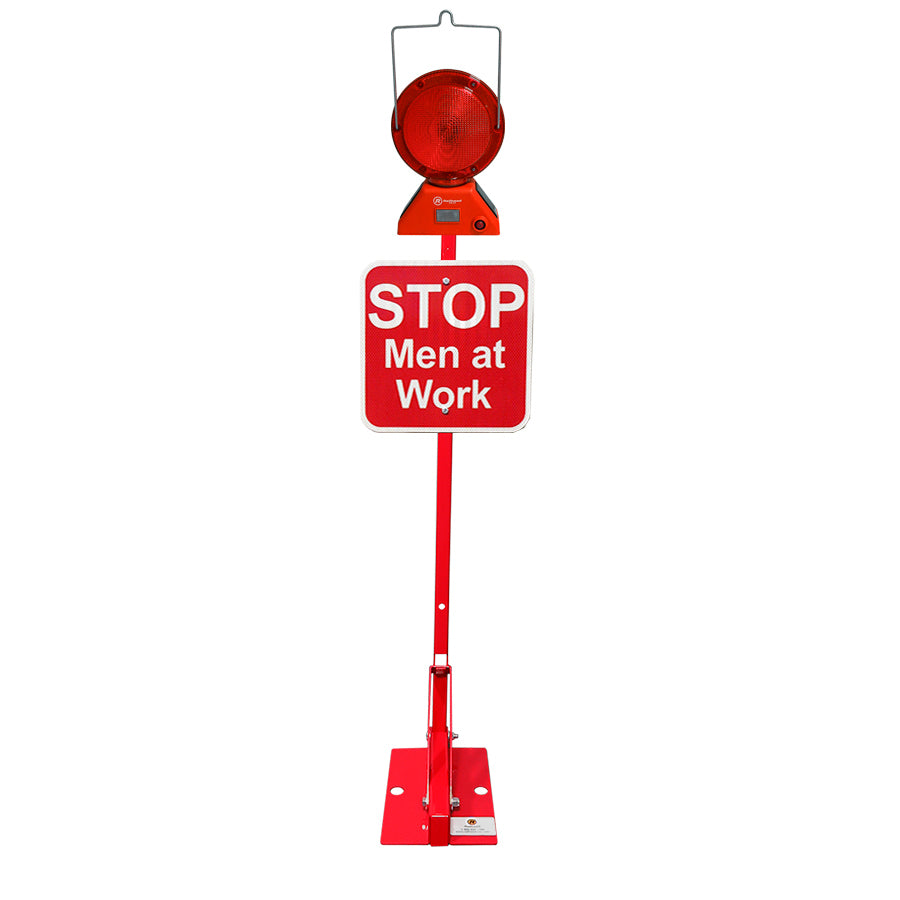 Red Permanent Mount Base w/ 12x12 Red Sign Stop men at work HIP reflec ...